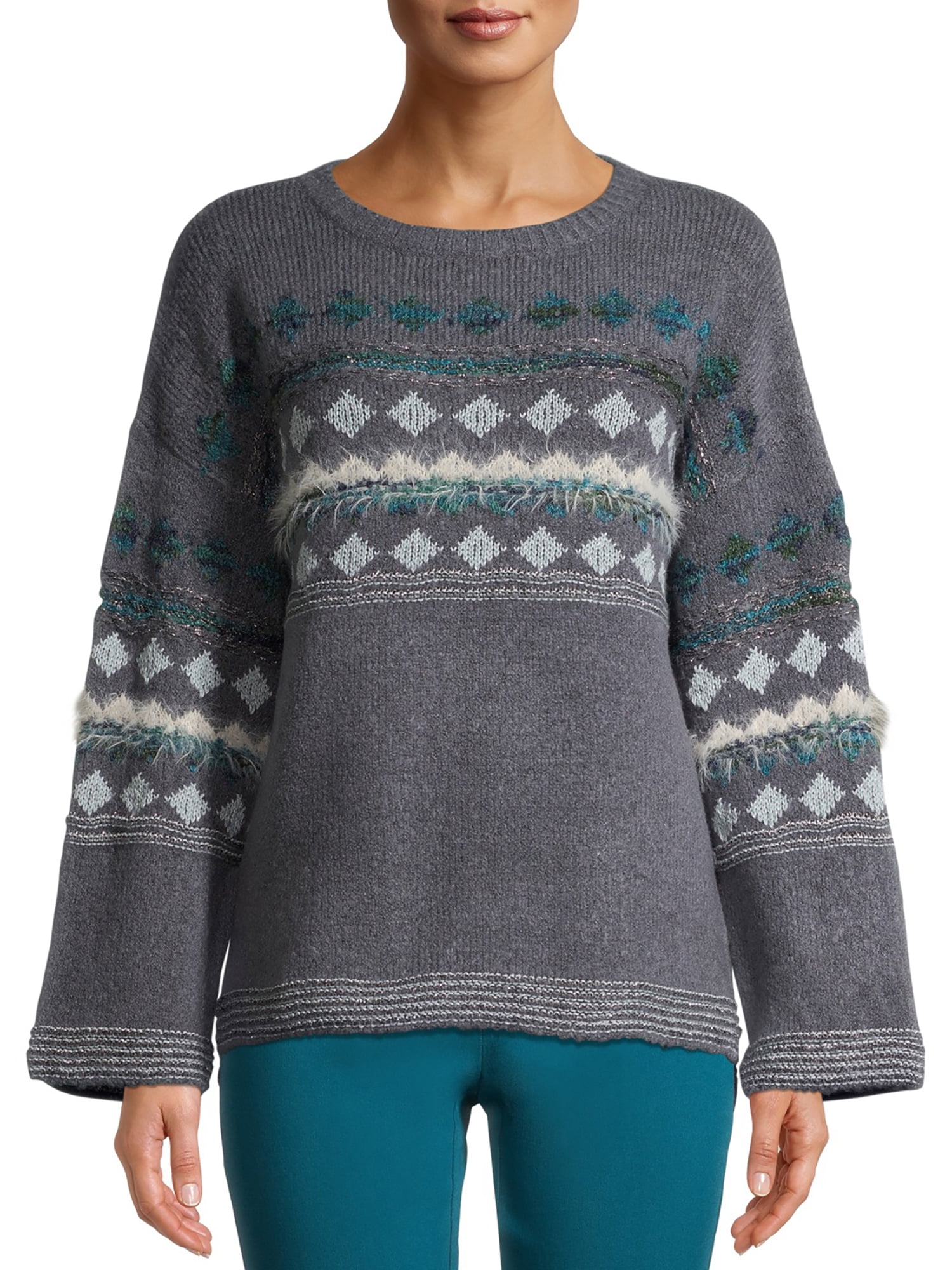 Time and Tru Women's Wide Sleeve Fair Isle Sweater - Walmart.com