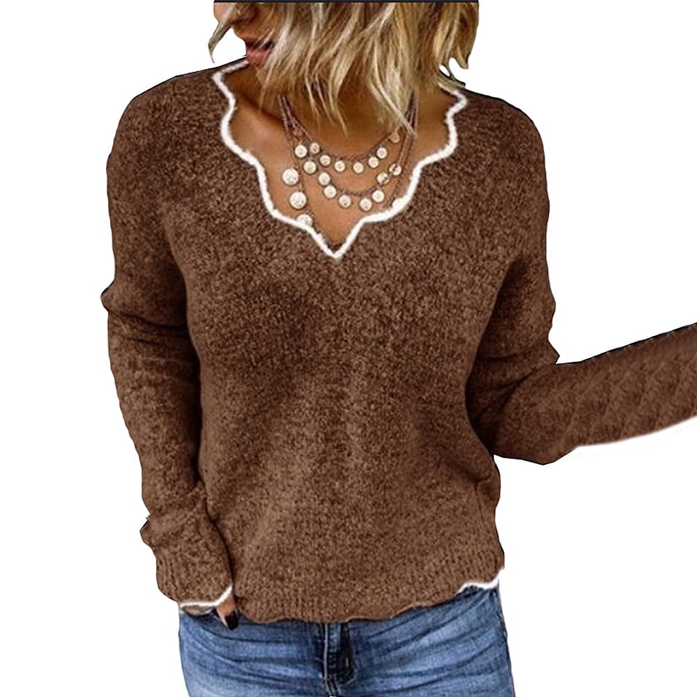 KZKR Women Knitted Sweaters V Neck Pullover Tops Lady Solid Casual ...