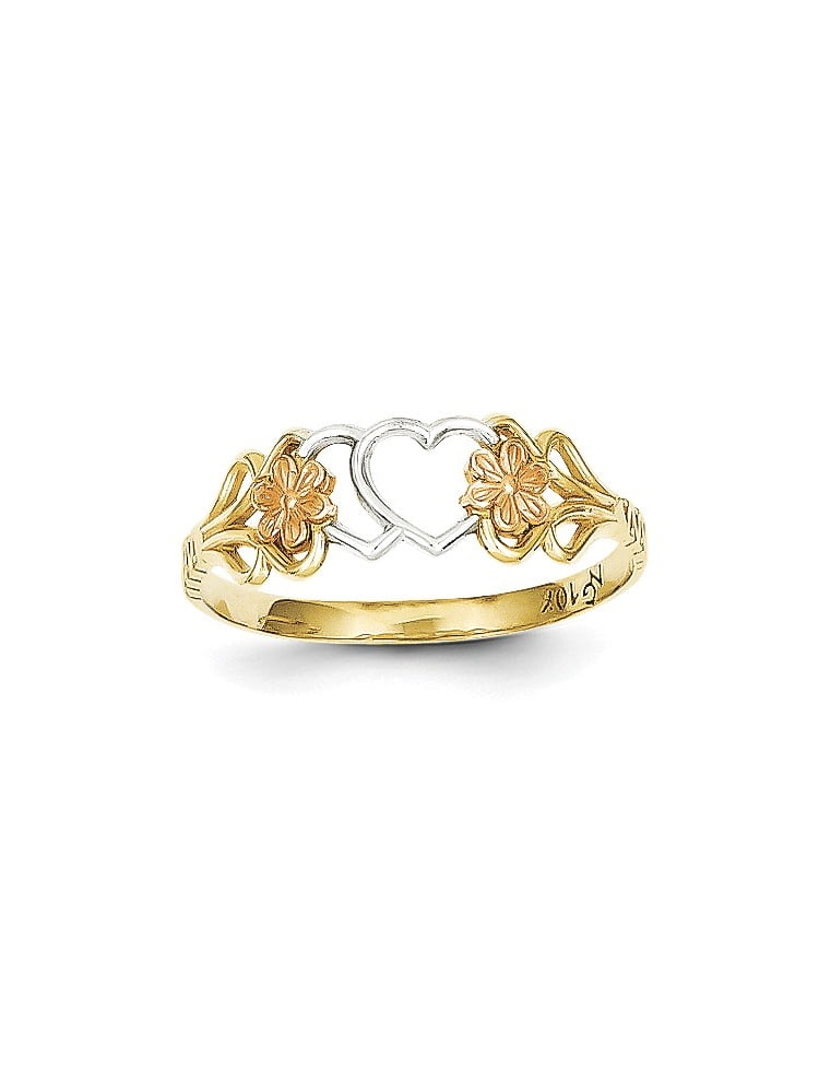 Solid 10k Gold Two-tone & Rhodium Double Heart Ring (2mm) - Size 5 ...