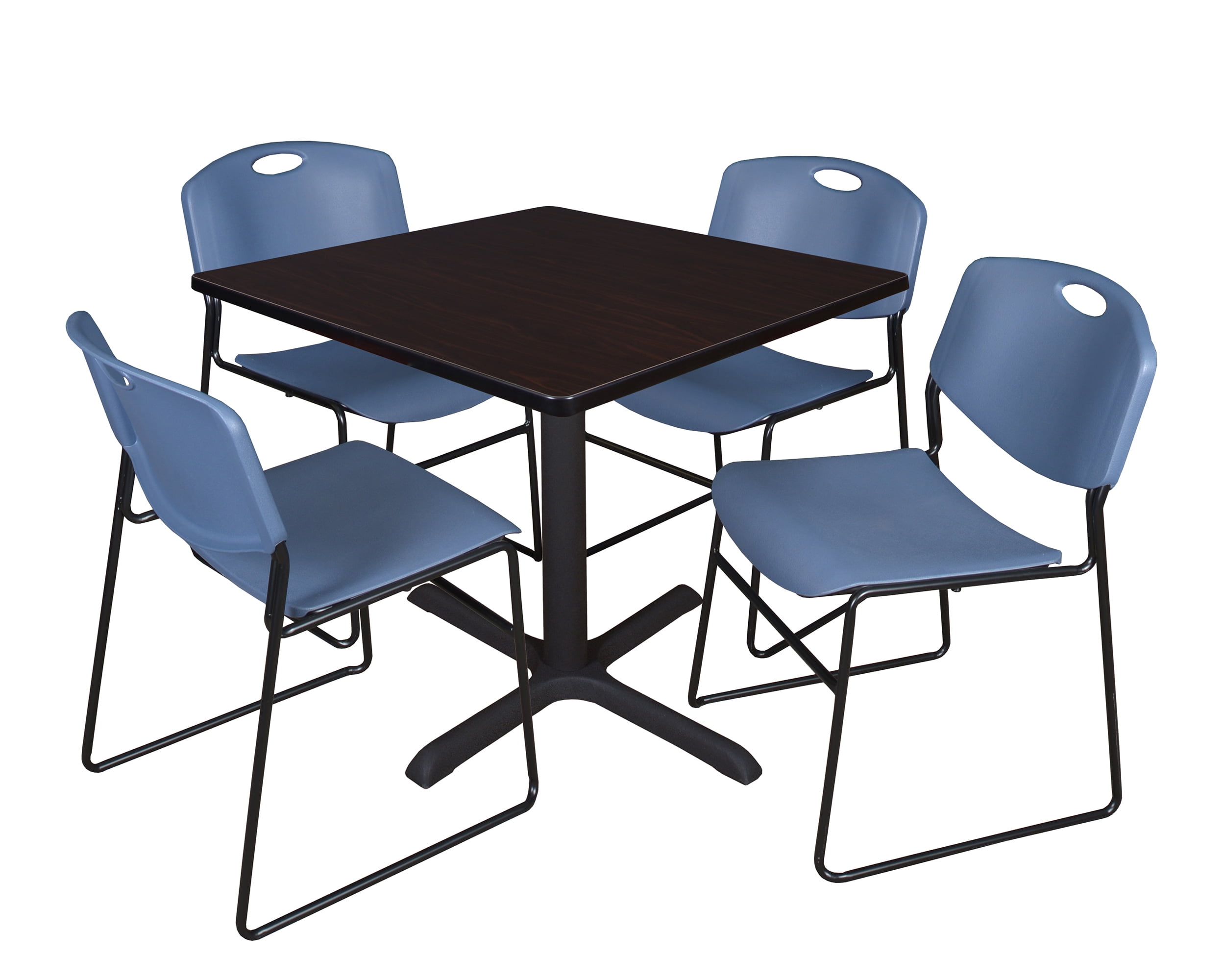 Cain 36 Mocha Walnut Square Breakroom Table And 4 Zeng Stack Chairs Multiple Colors