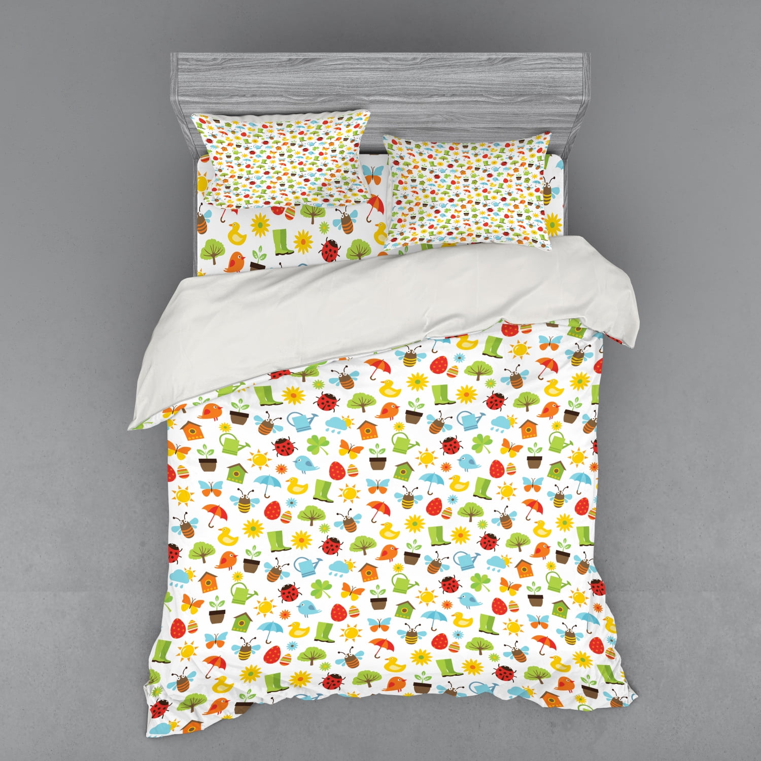 Spring Duvet Cover Set, Seasonal Birds Bees with Blooming Flowers ...