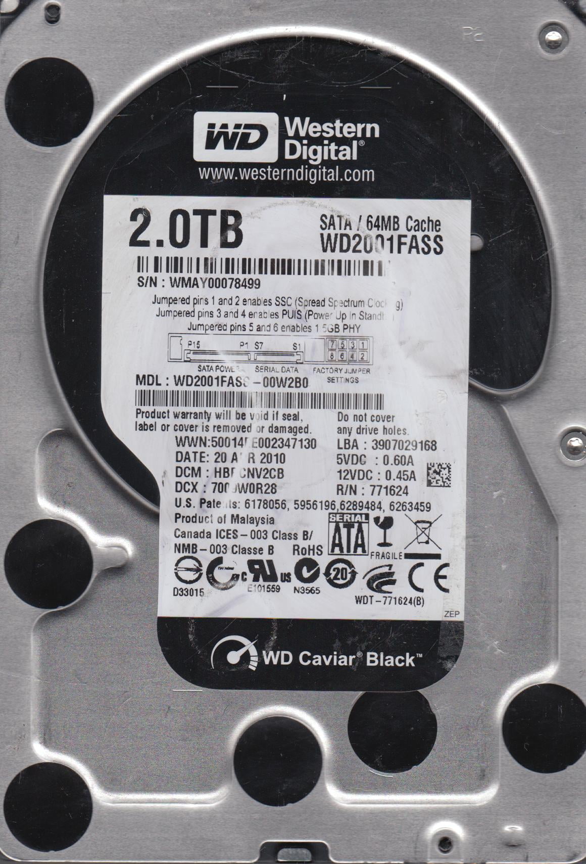 WD2001FASS-00W2B0, DCM HBBCNV2CB, Western Digital 2TB SATA 3.5 Hard ...