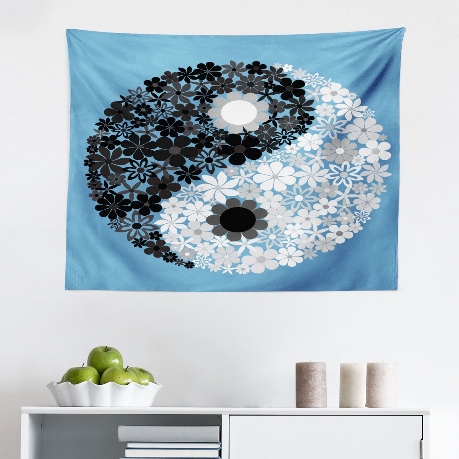 Ying Yang Tapestry, Bohemian Style Tao in Floral Mandala Design ...