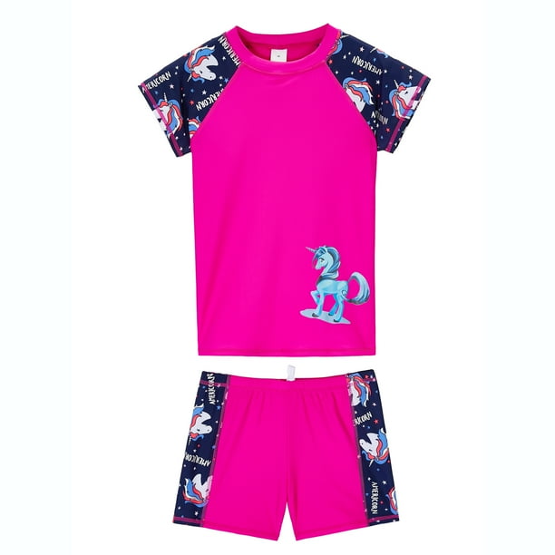Girls Swimsuits Unicorn Print Short Sleeve Two Piece Rash Guard Set ...