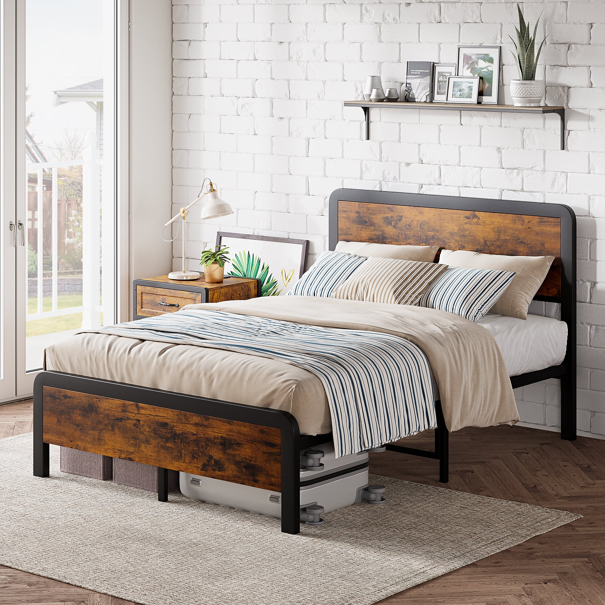 FULL Size Bed Frame with Headboard, Platform Bed Frame with Safe ...