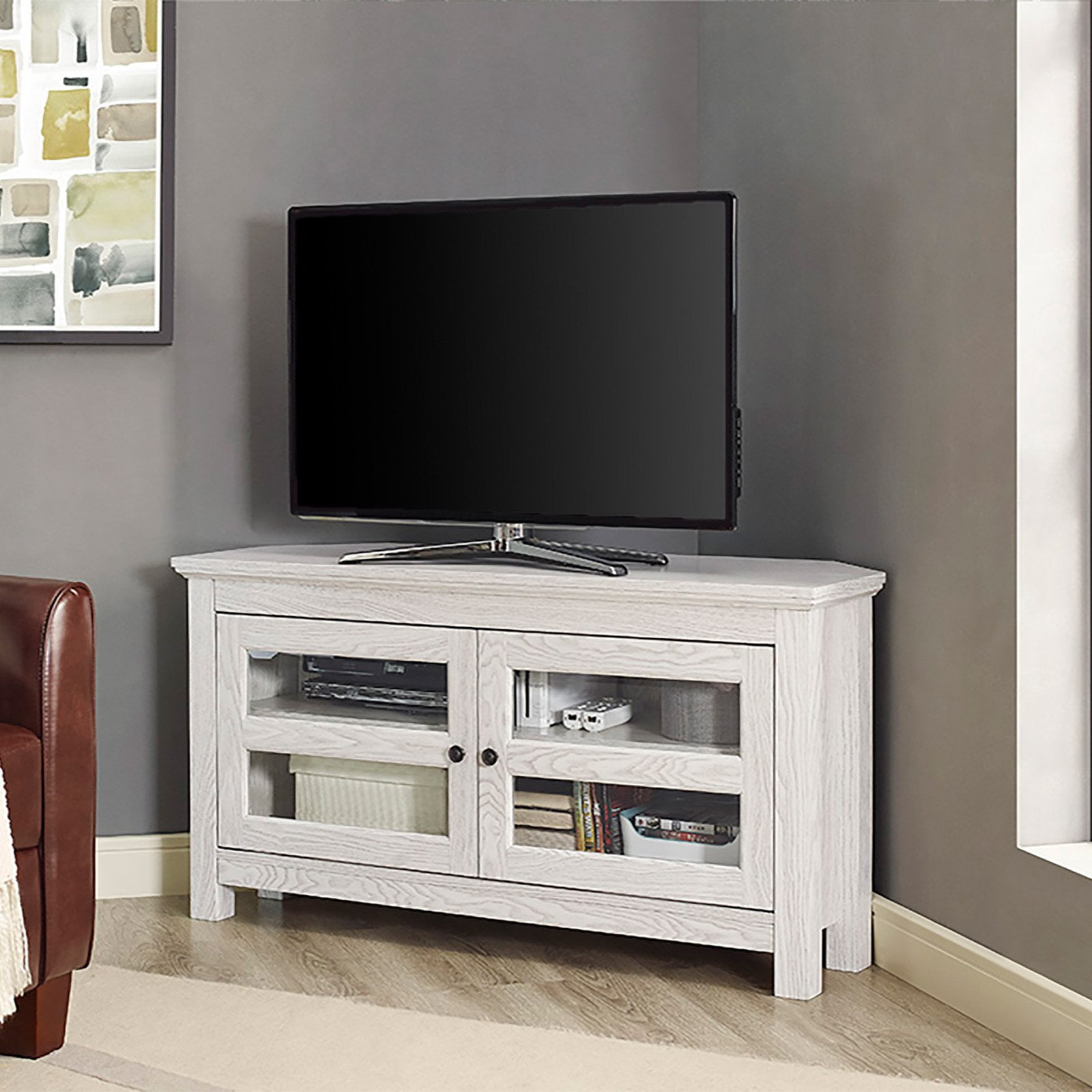 Walmart 44 Solid Wooden Media Television Stand Transitional Farmhouse Corner TV Console Cabinet in Grey Wash Walmart