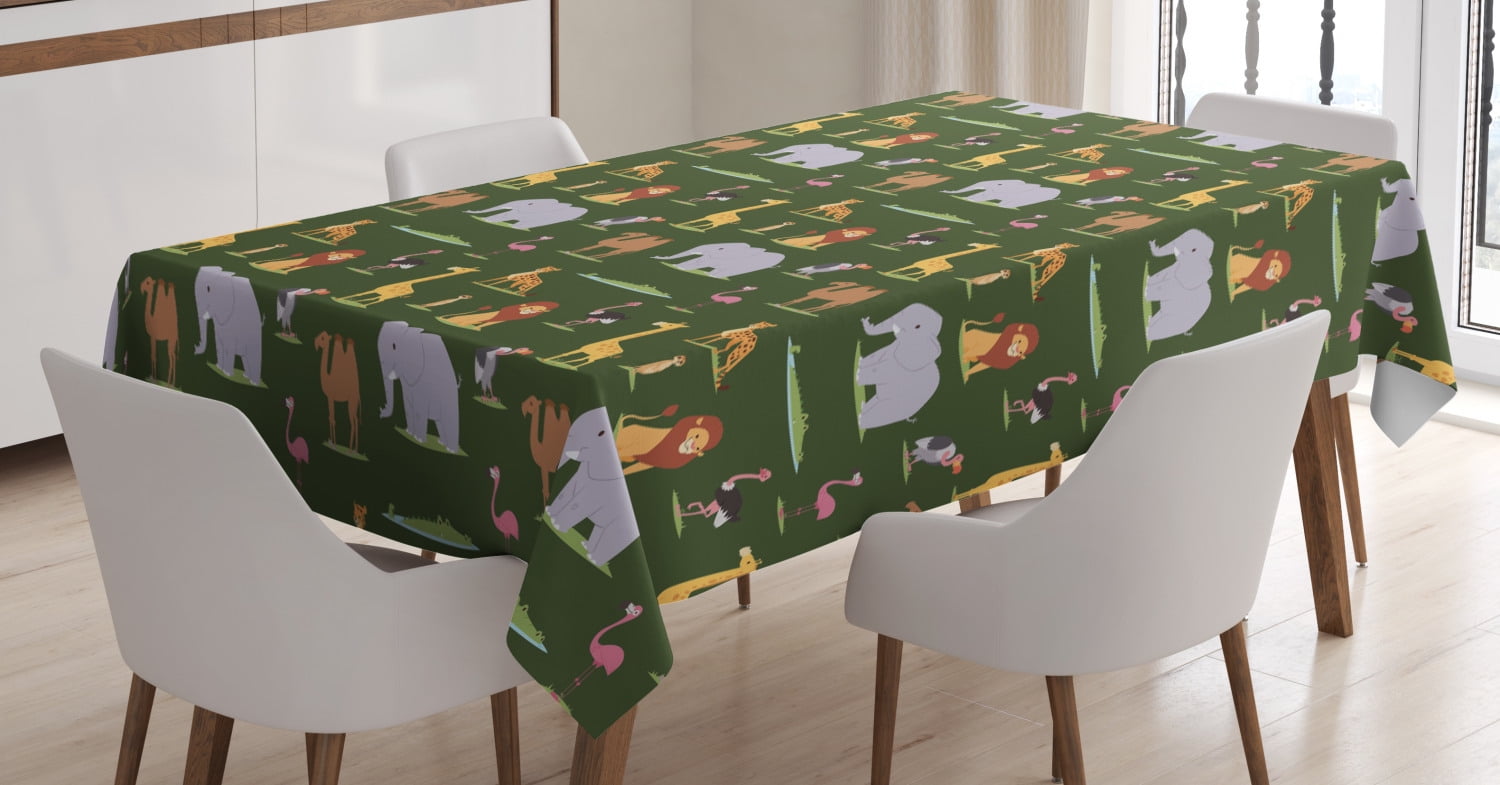 Ostrich Tablecloth, Childish Cartoon Savannah Animals Pelican Toucan ...