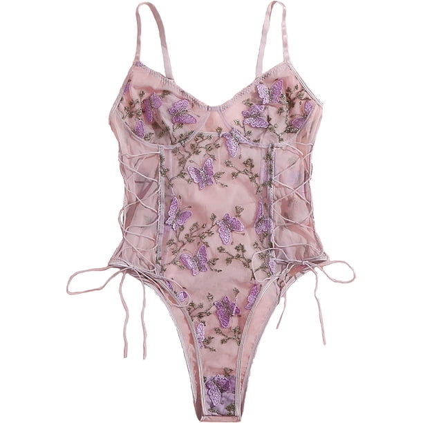 Lilosy Women Sexy Lace Up Floral Embroidered Teddy Lingerie Bodysuit