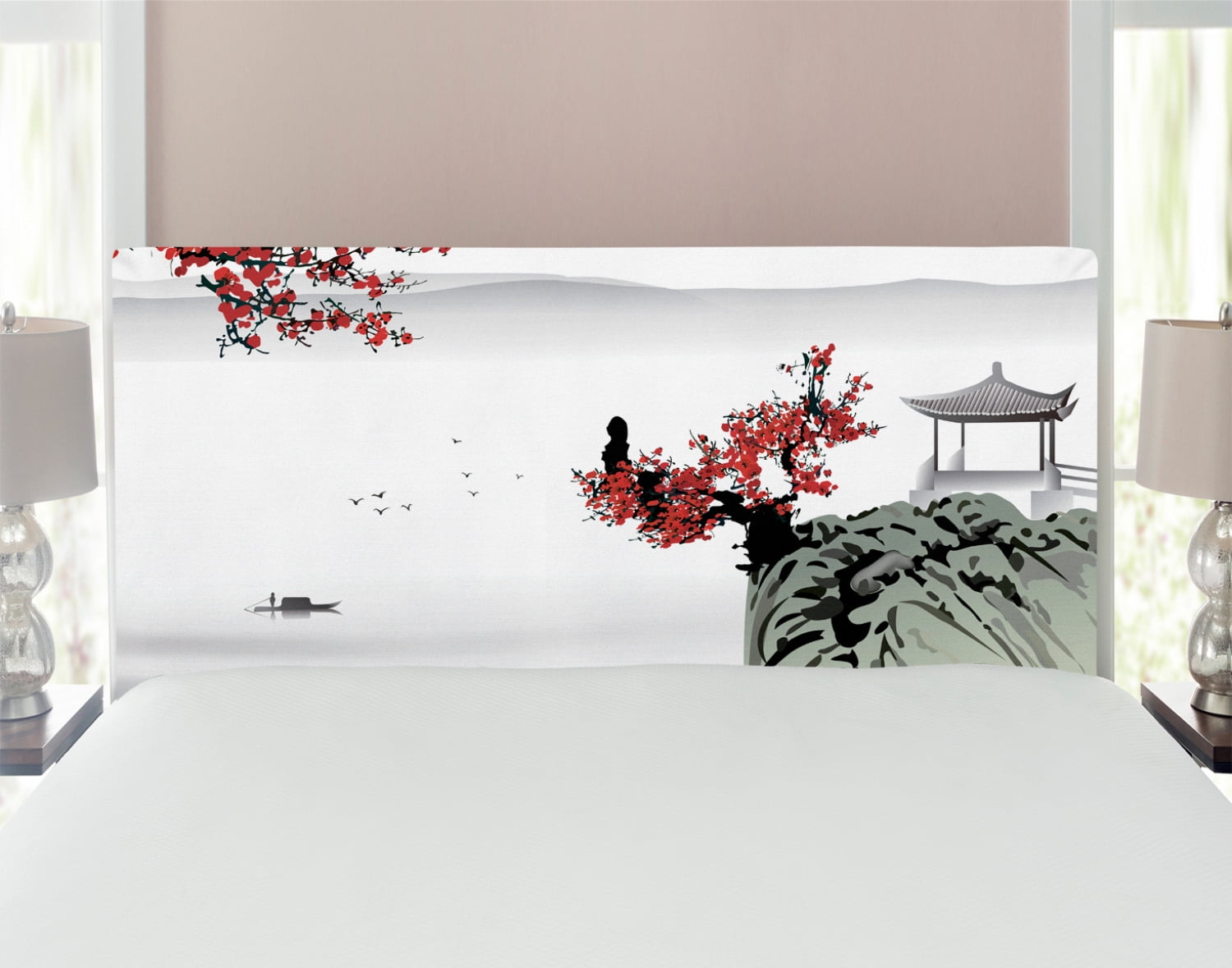 East Headboard, River Scenery Cherry Blossoms Boat Cultural Hints View ...