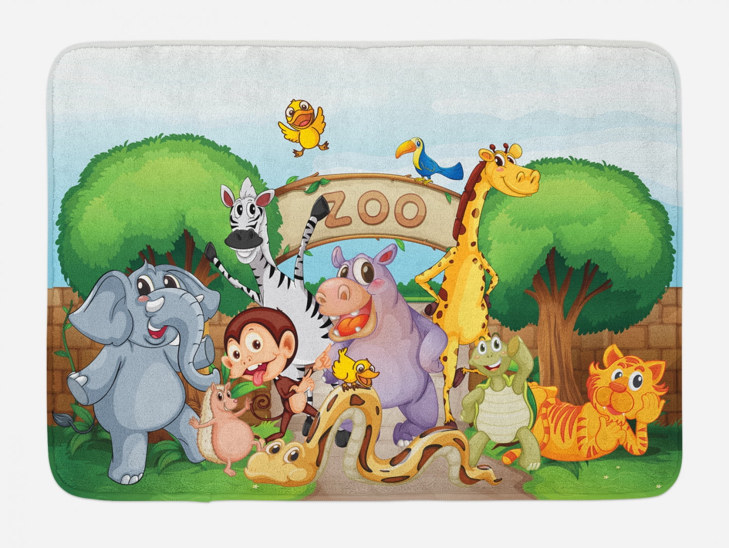 Zoo Bath Mat, Zoo and The Animals in Beautiful Nature Welcoming Playful ...