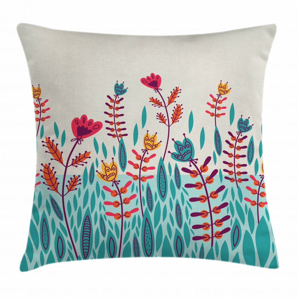 Botanical Throw Pillow Cushion Cover, Doodle Ornamental Poppy Flower ...