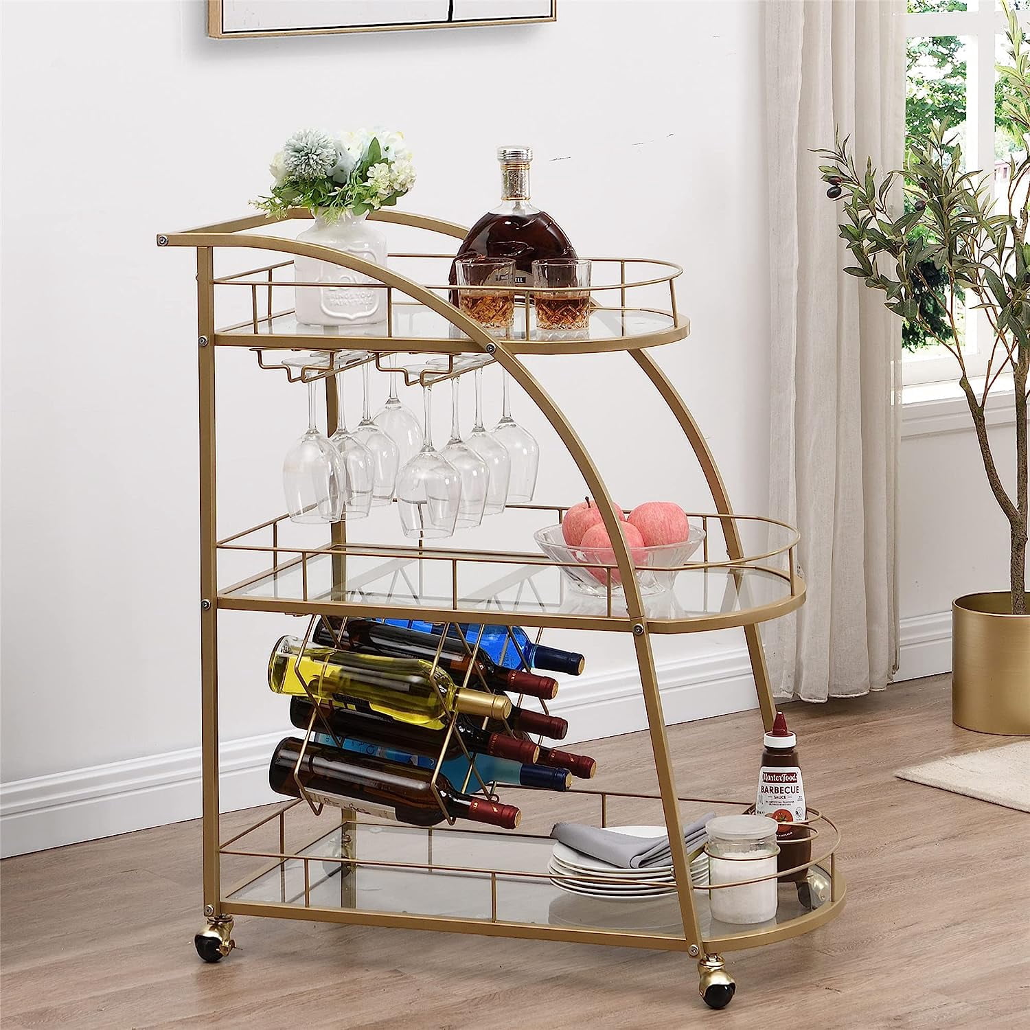 Industrial Mobile Bar Cart Serving Wine Cart with Wheels & Wine Rack, 3 ...