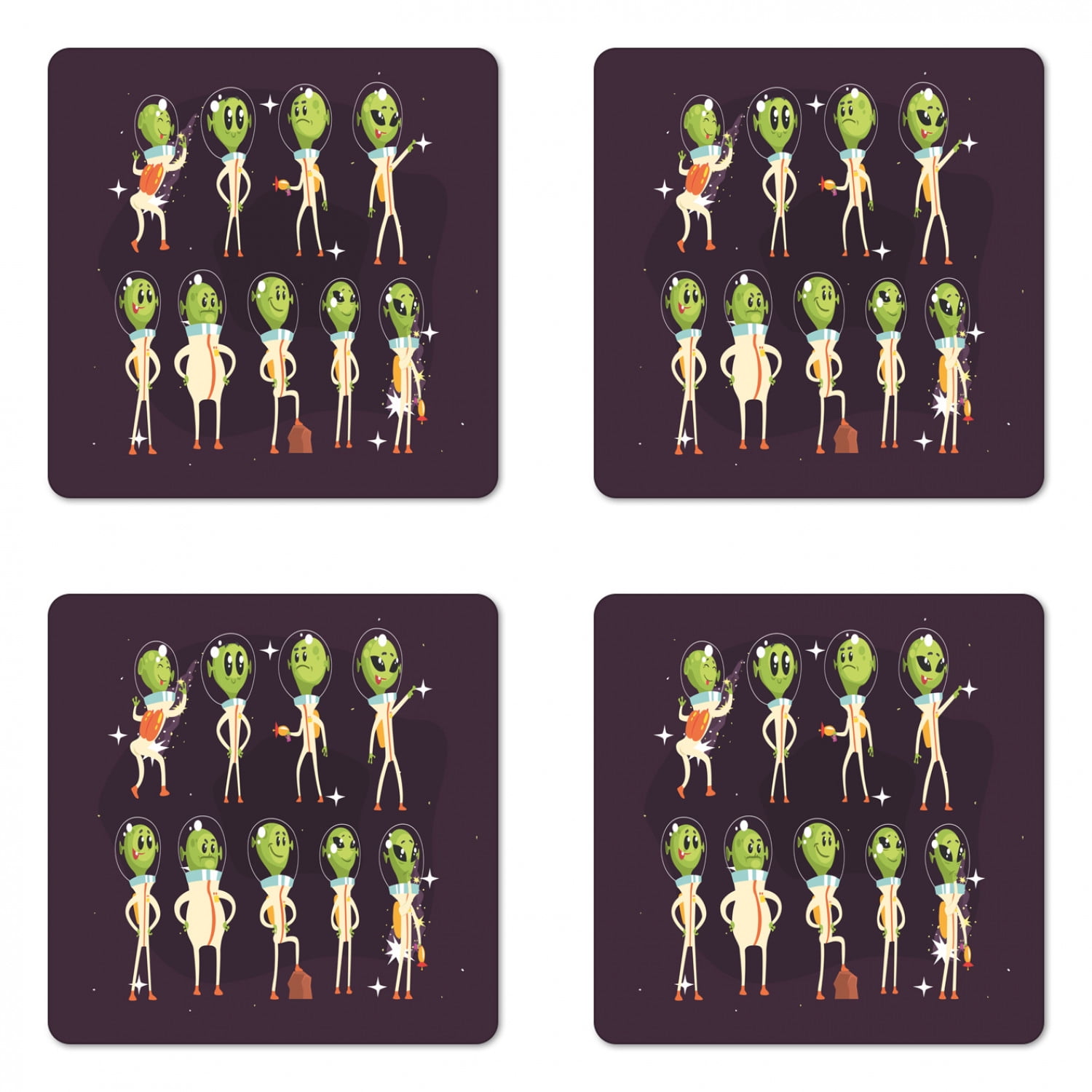 Alien Coaster Set of 4, Extraterrestrial Crew of Little Green Ufo in ...