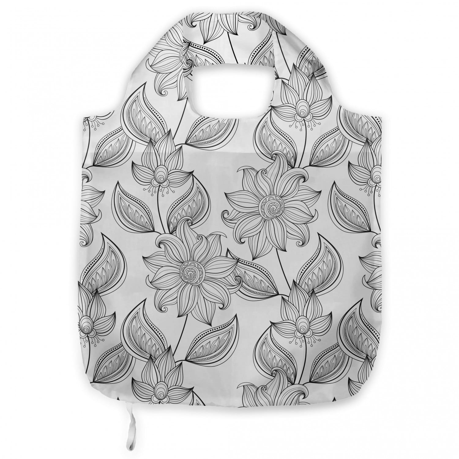 Floral Fabric Shopping Tote, Monotone Style Outline Drawings of ...