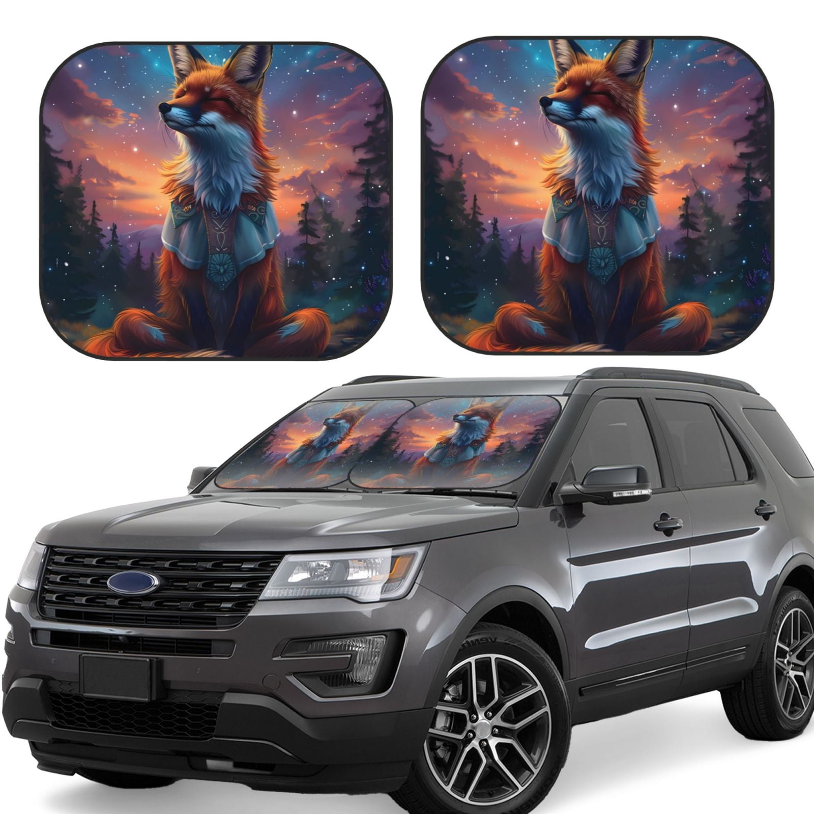 Naloa Starry Sky Meditating Fox Print 2-Piece Windshield Sunshade ...
