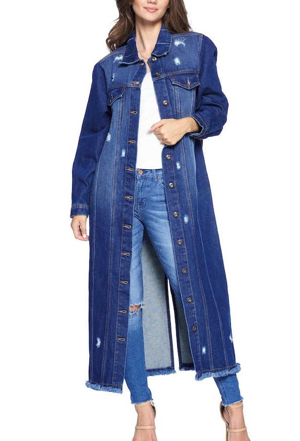 Women's Classic Distressed Cotton Denim Button Up Oversized Long Jean ...