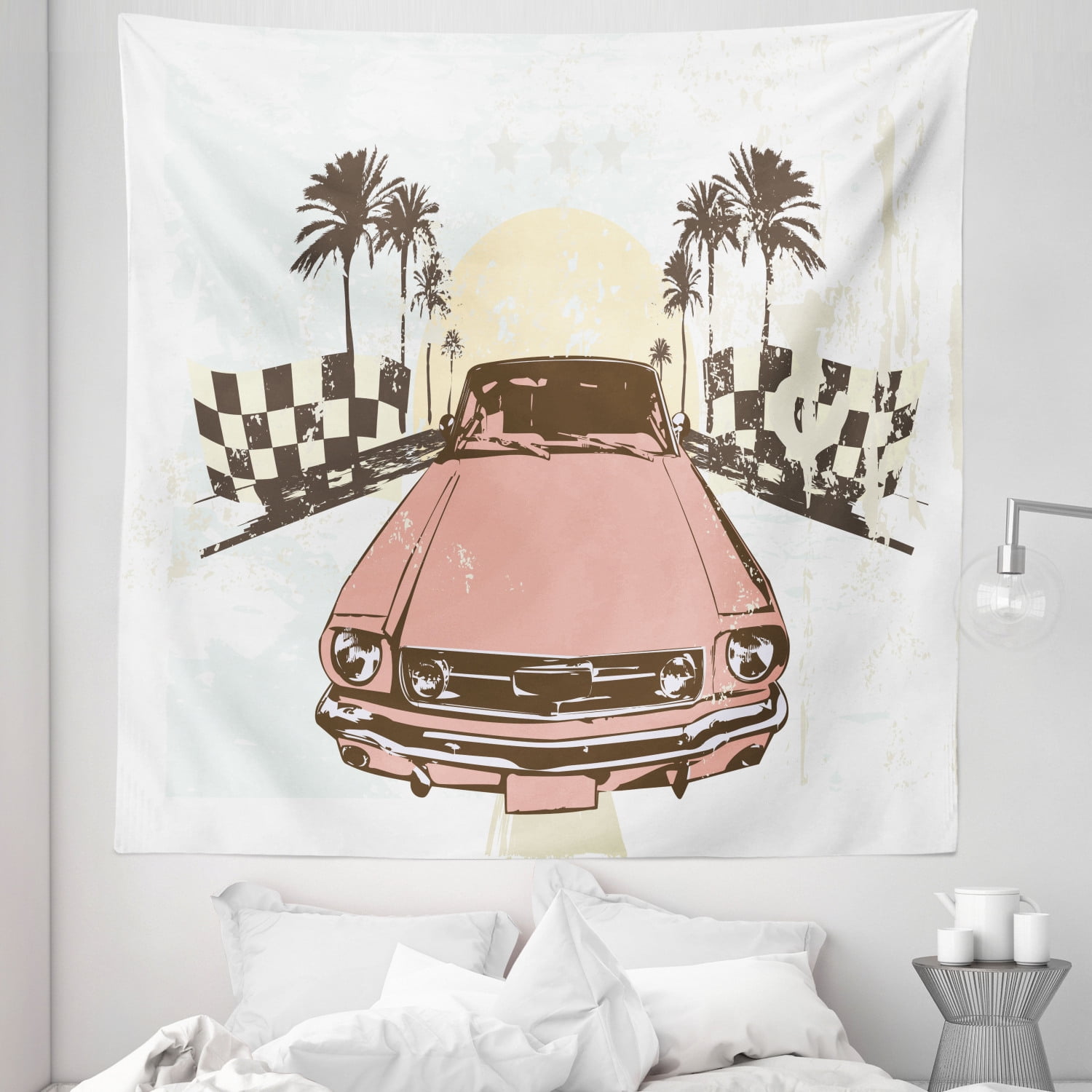 Grunge Tapestry, Old Fashioned Car Auto Sport Checkers Palms Sun Retro ...