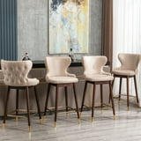 Beige Bar Stools Set of 2, Tufted Faux Leather, SYNGAR Chairs with Gold ...