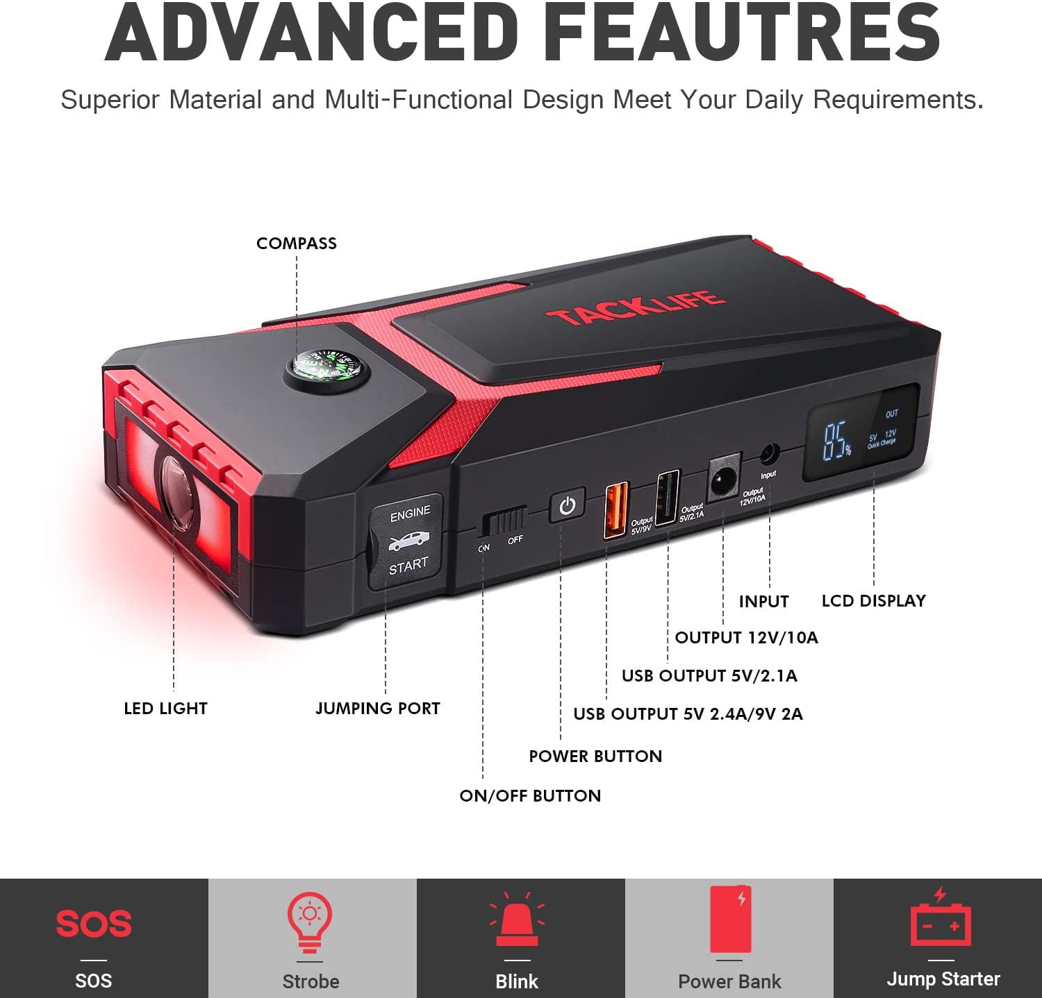 Tacklife Portable 800A Peak 18000mAh Jump Starter for 7.0L Gas 5.5L Diesel 12V Battery T8 Red Walmart