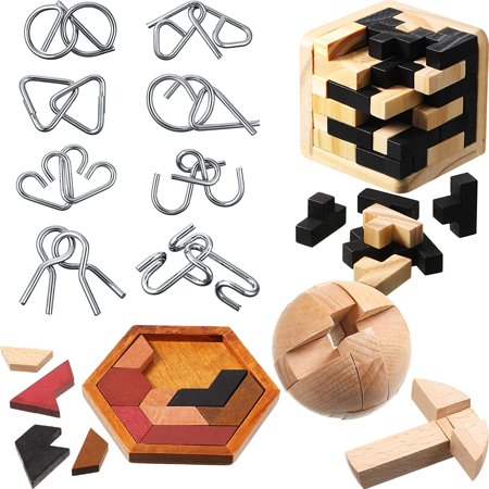 Brain Teaser Puzzle Set 3D Wooden Cube Wooden Puzzle Magic Ball Hexagon ...