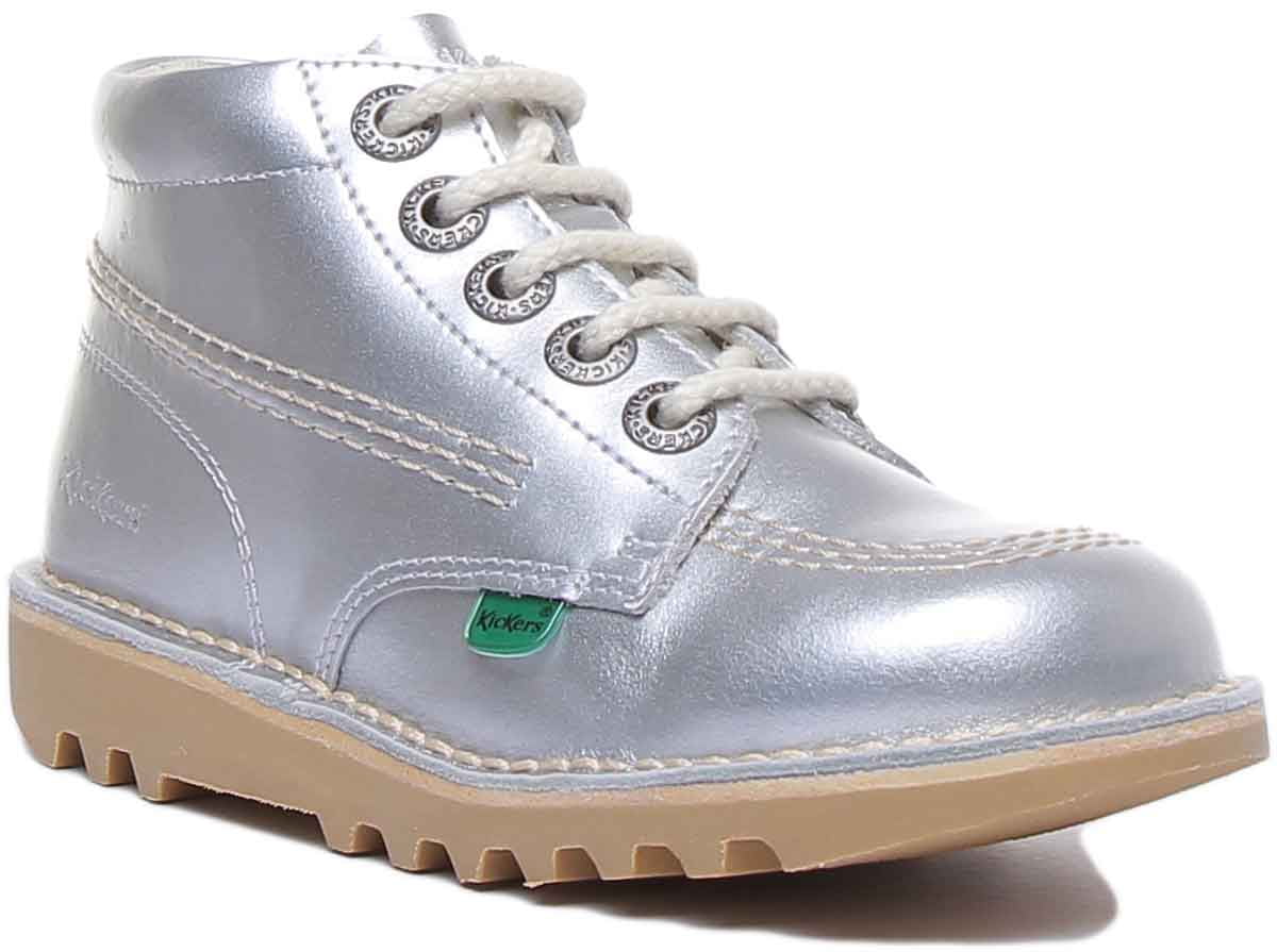 Kickers Kick Hi Kid's Lace Up Ankle Boots With Side Zip in Silver Size ...