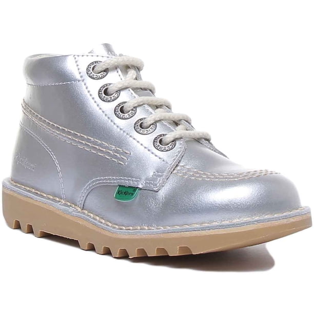 Kickers Kick Hi Kid's Lace Up Ankle Boots With Side Zip in Silver Size ...
