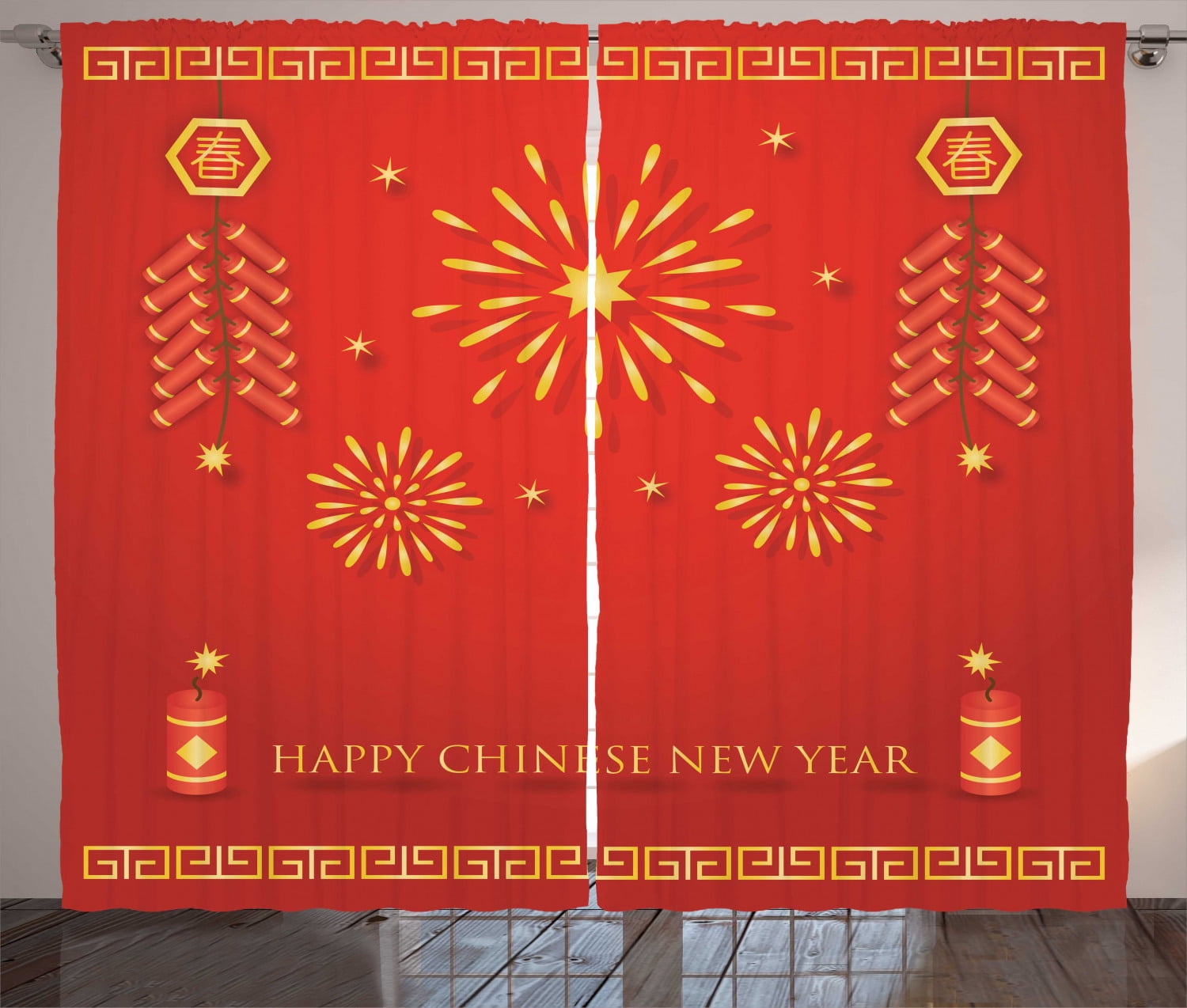 Chinese New Year Curtains 2 Panels Set, Celebration with Fireworks and ...