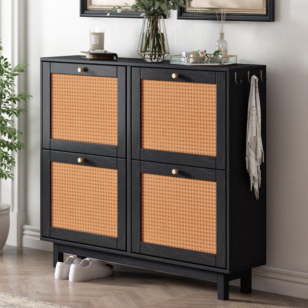 UBesGoo Rattan Shoe Cabinet with 4 Flip Drawers, Entryway Shoe Storage ...