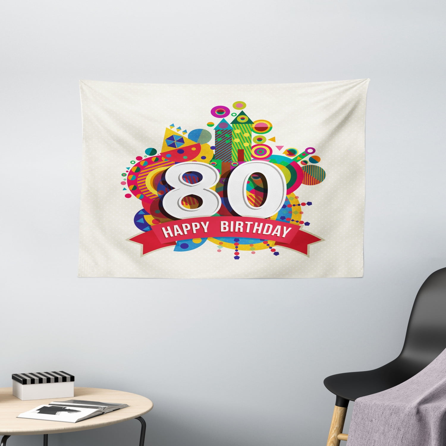 80th Birthday Decorations Tapestry, Happy Birthday Ribbon with ...