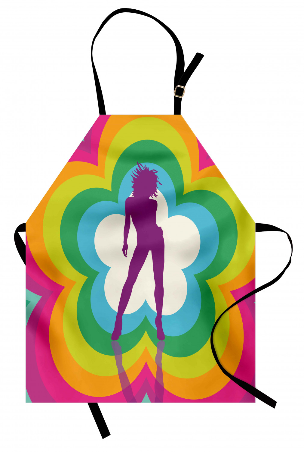 70s Party Apron Vibrant Colorful Flowers with Dancing Woman Psychedelic ...