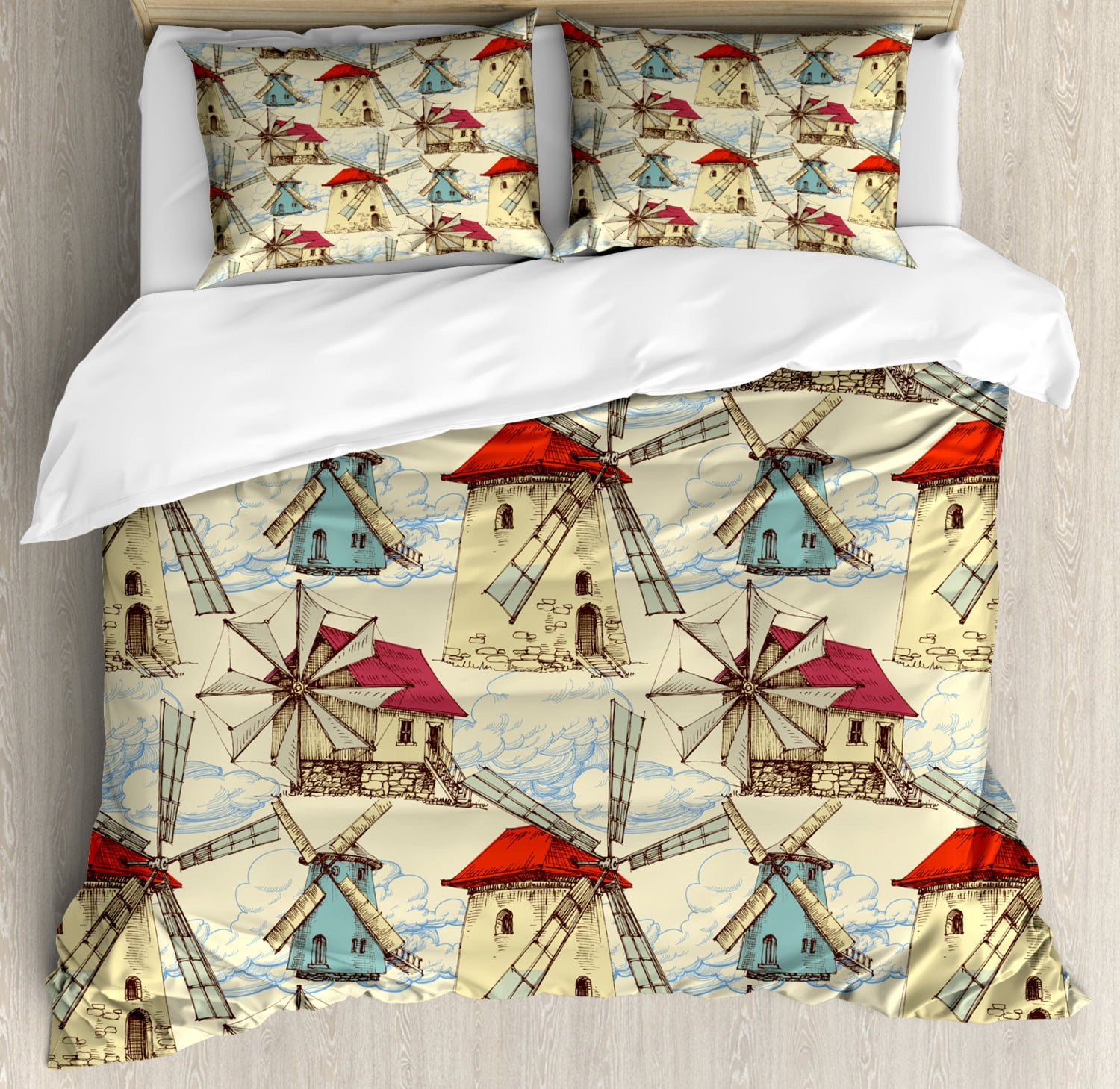 Sketch Duvet Cover Set Queen Size, Artwork of Wind Mill and Clouds ...
