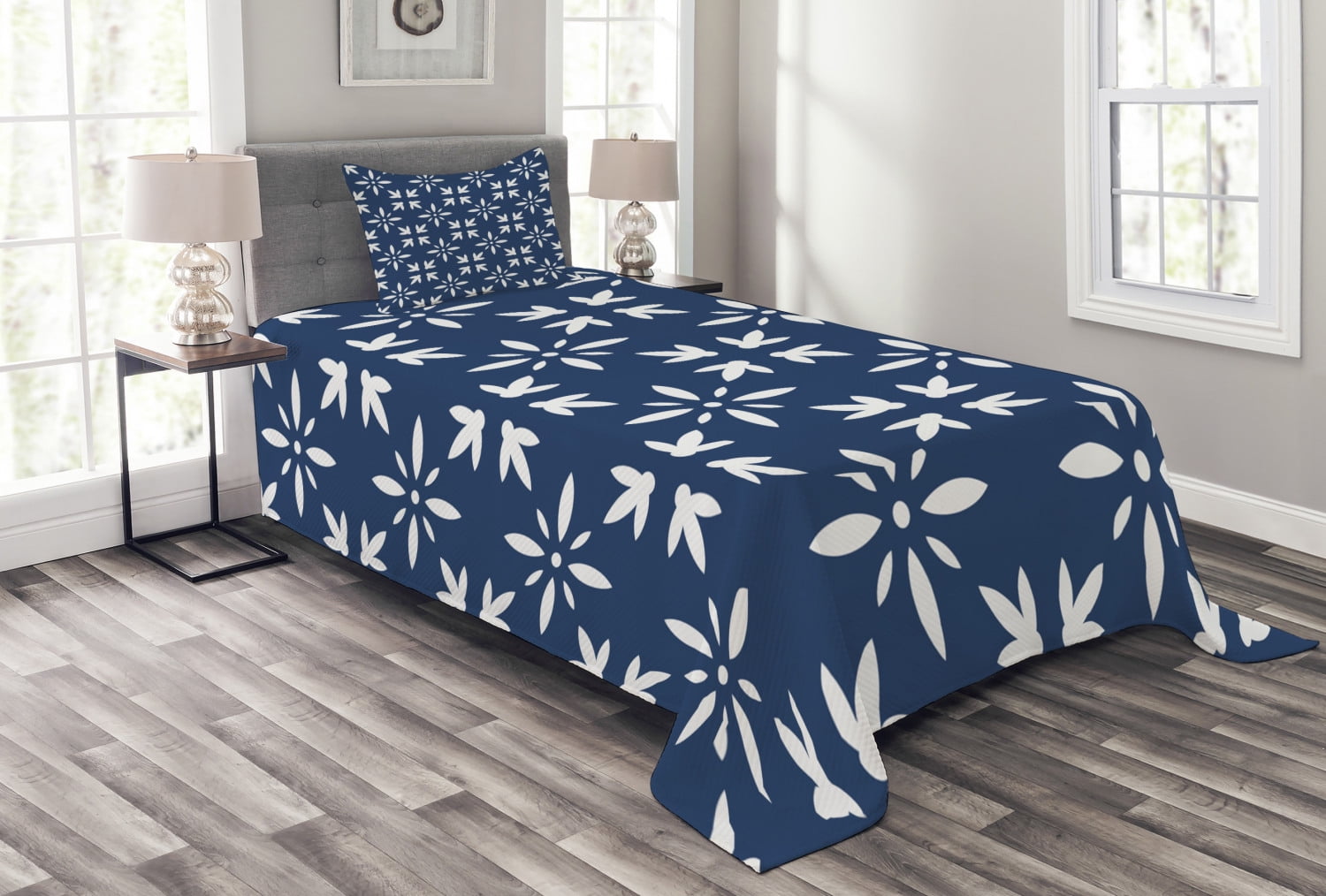 Indigo Bedspread Set Twin Size, Modern Design Floral Image Leaves Rose ...