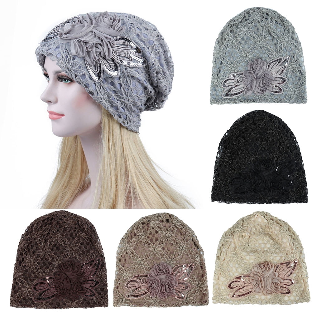 LINASHI Turban Hat Double Layer Hollow Out Women Cotton Crochet Floral ...