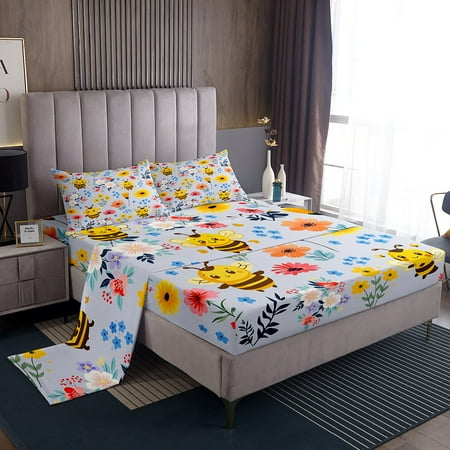 YST Yellow Bee Sheet Set Cartoon Bees Bed Sheets Set Queen Size For ...