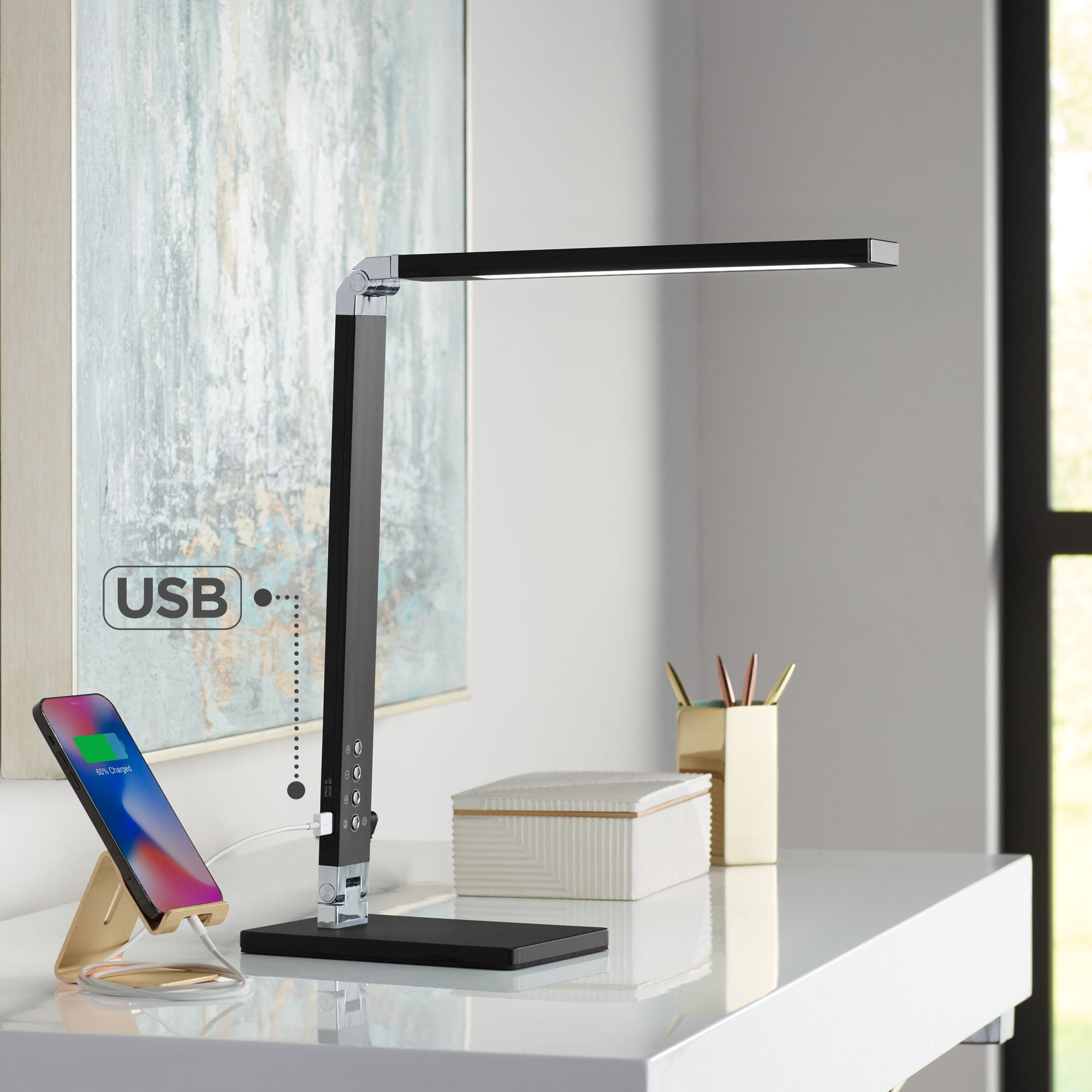 360 Lighting Jett Modern Desk Lamp 16 1/2" High Black with USB Port and ...