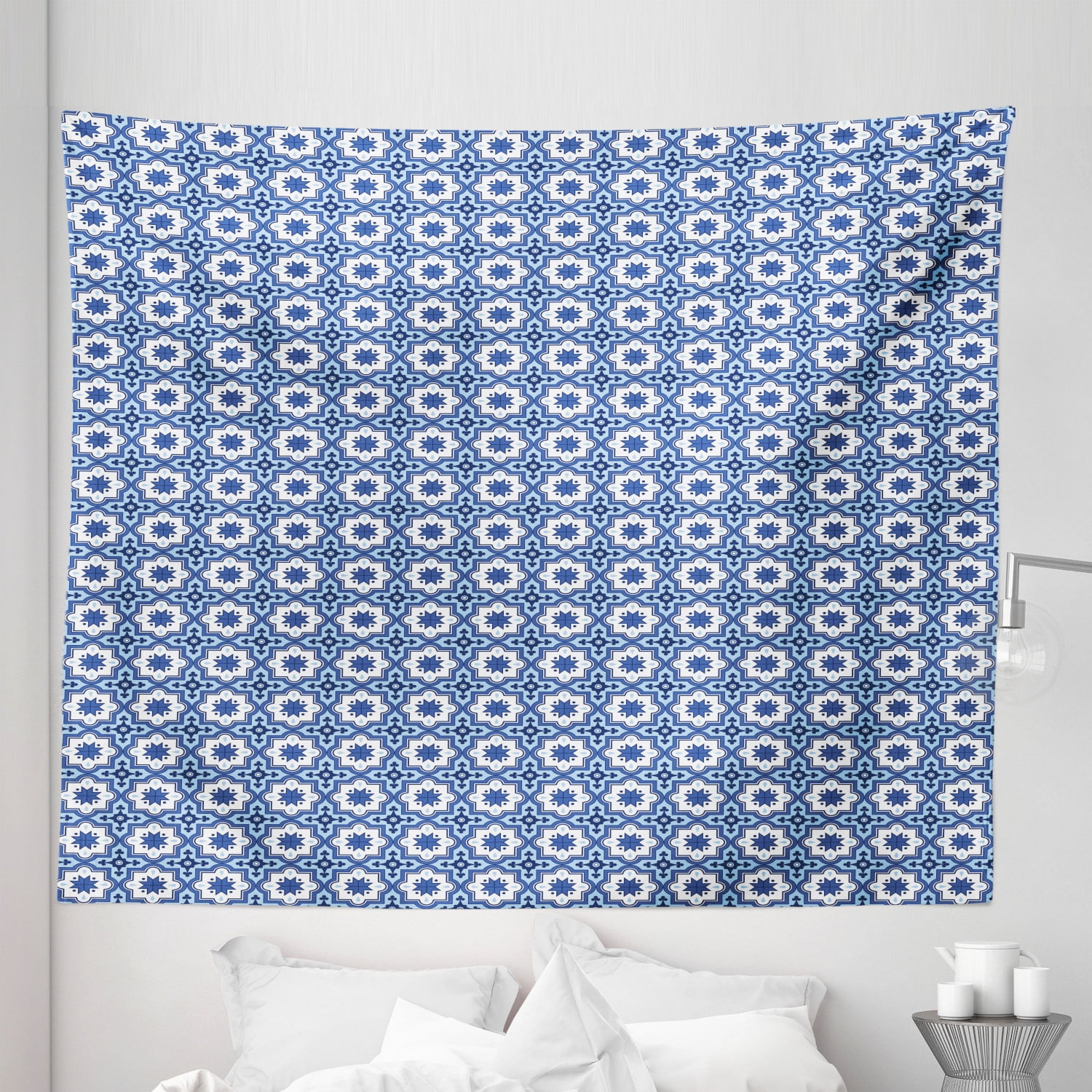 Navy Blue Tapestry, Moroccan Traditional Tile Motifs with Floral ...