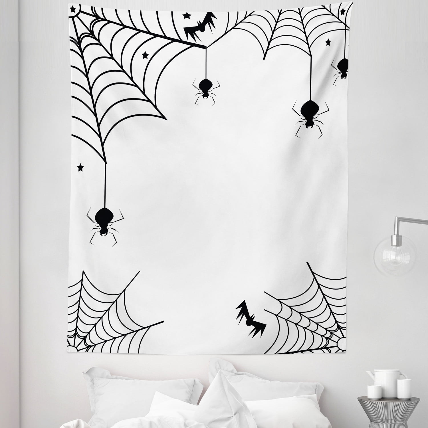 Spider Web Tapestry, Spiders Bats and Little Stars Monochrome Cobwebby ...