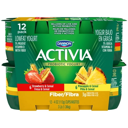 Activia Lowfat Fiber Strawberry & Pineapple Probiotic Yogurt, 4oz., 12 ...