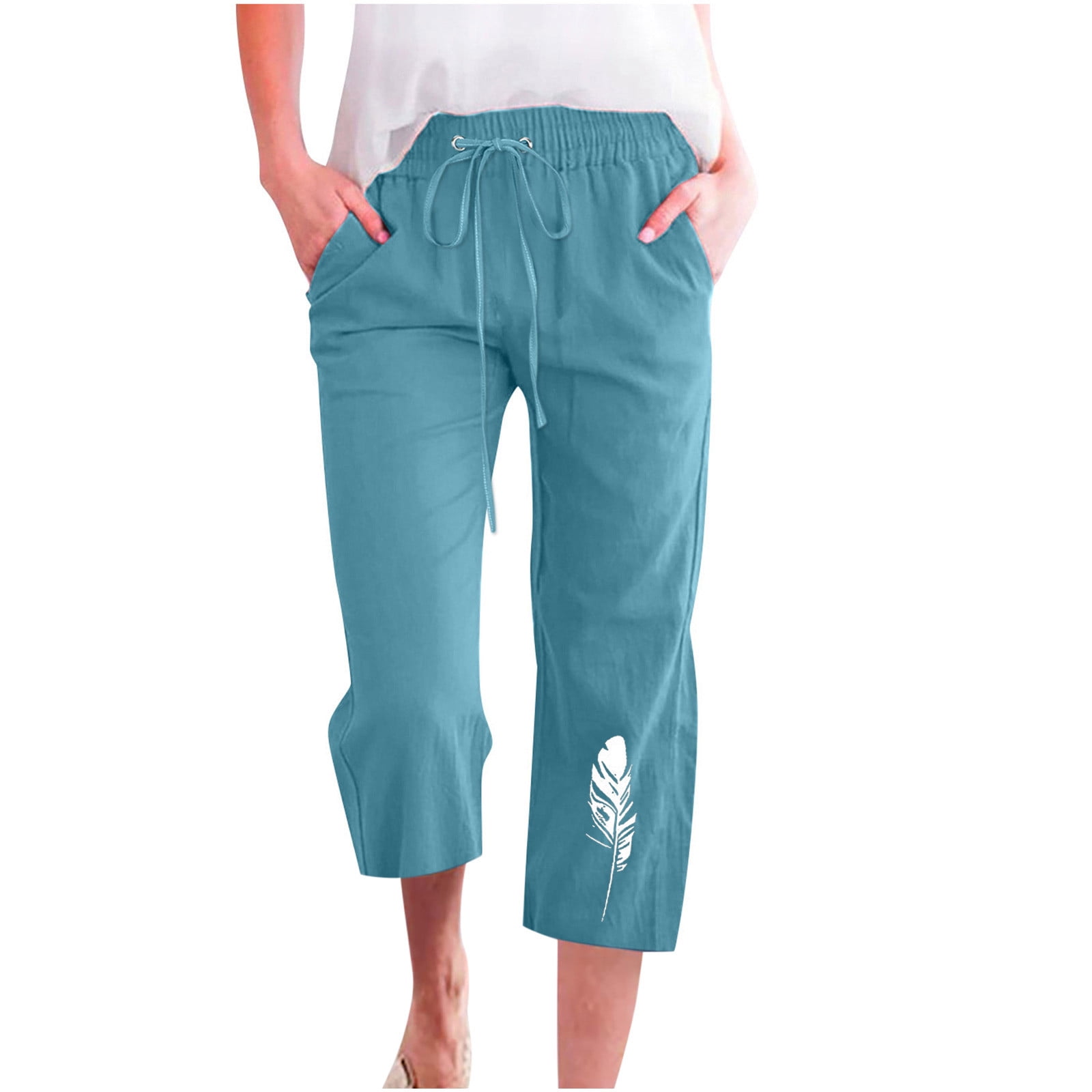 Tuphregyow Womens High Waiste Drawstring Wide Leg Pants Feather Print
