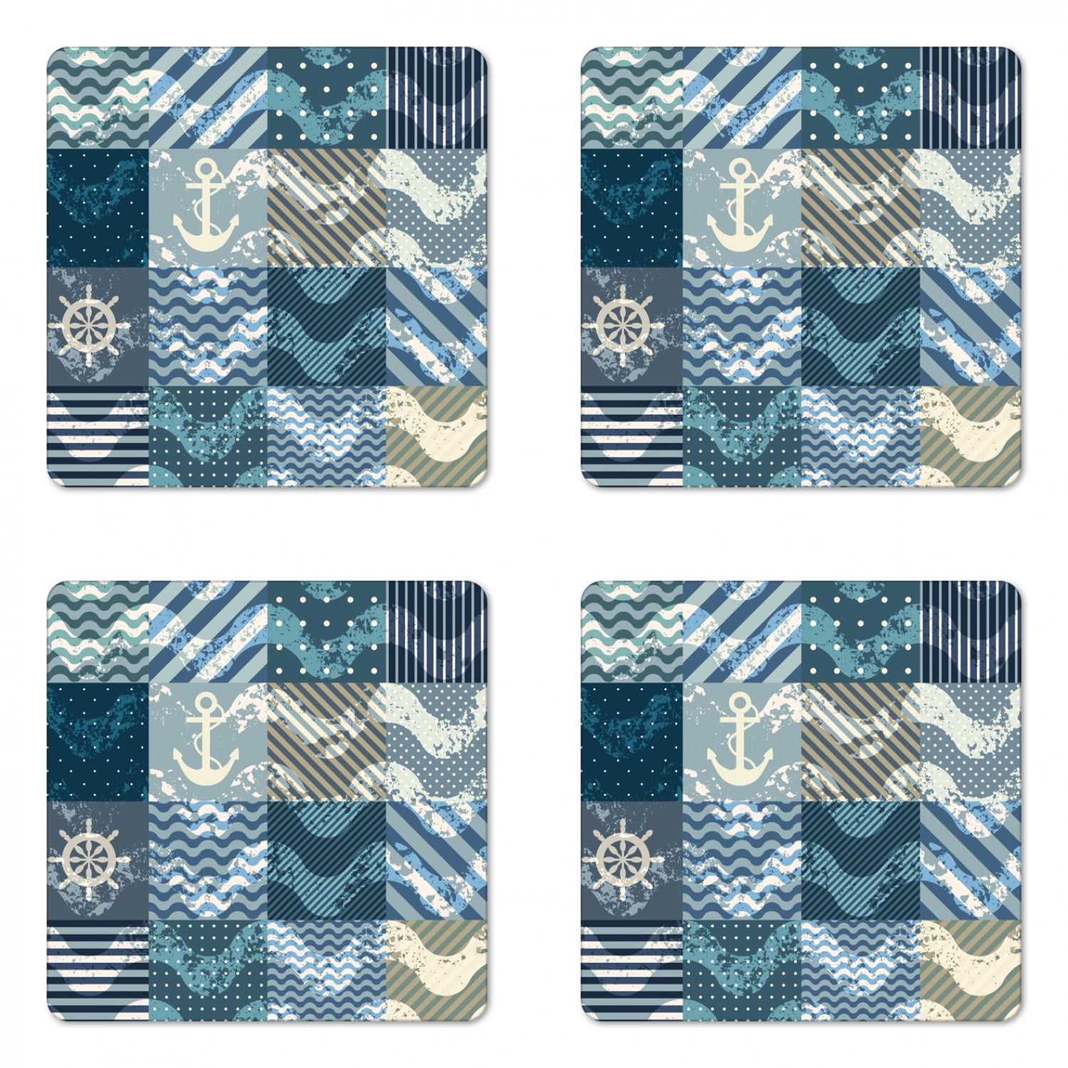 Nautical Coaster Set of 4, Marine Theme Wave Patterns in Patchwork ...
