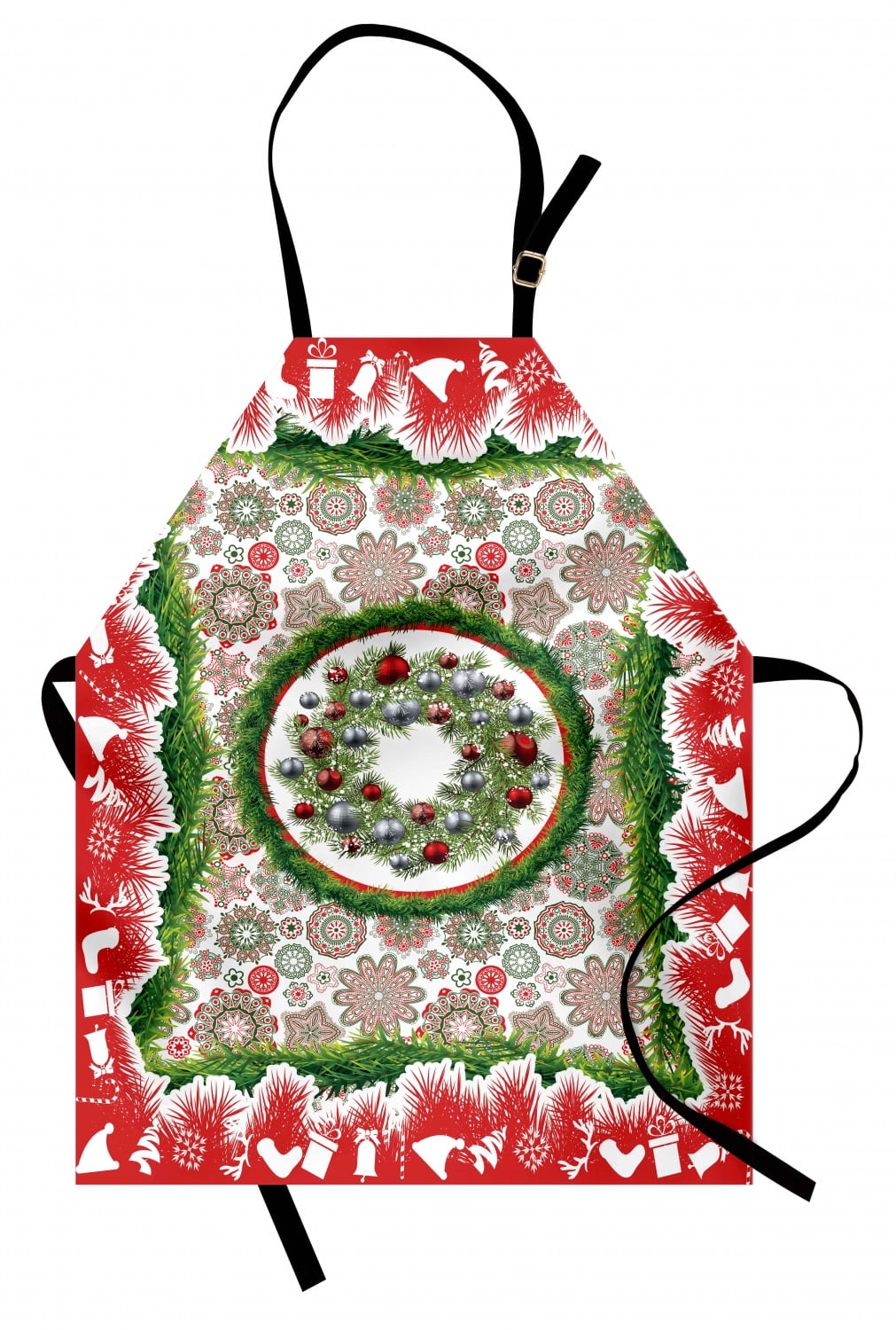 Christmas Apron Fir Tree Wreath with Vivid Bauble Figures Ornate ...