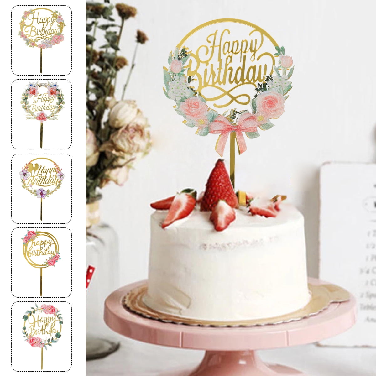 Buy Willstar Flowers Cake Toppers Acrylic Handmade Happy Birthday Cake ...
