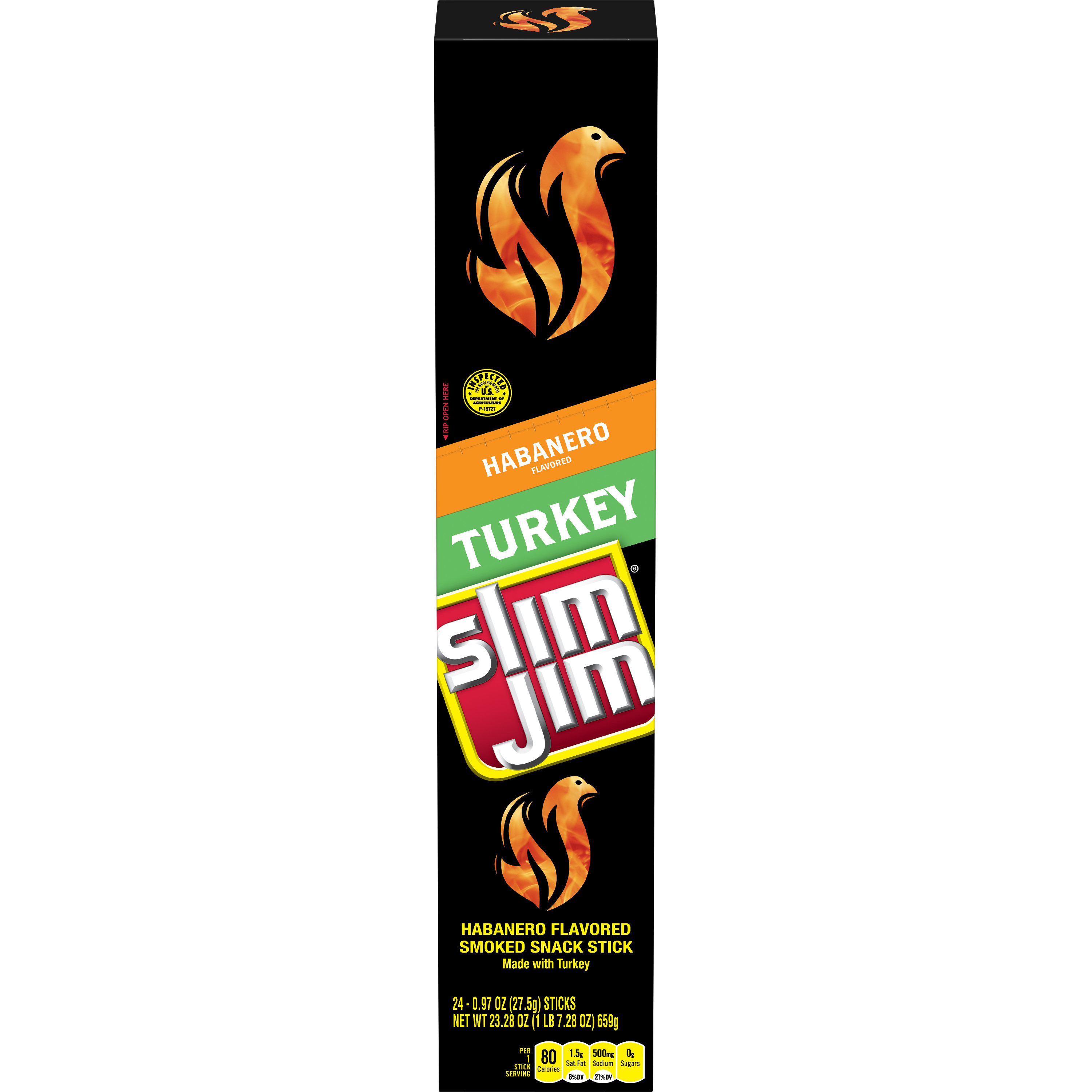 Slim Jim turkey snack-sized smoked meat stick, harbanero flavor, .97 oz ...