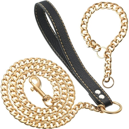 Strong Dog Chain Leash Set Gold, 40 Inch Metal Dog Leash Leather Handle ...