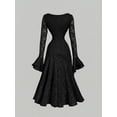 Black Flower Jacquard Square Neck Ruffle Bell Sleeve High-Low Dress ...