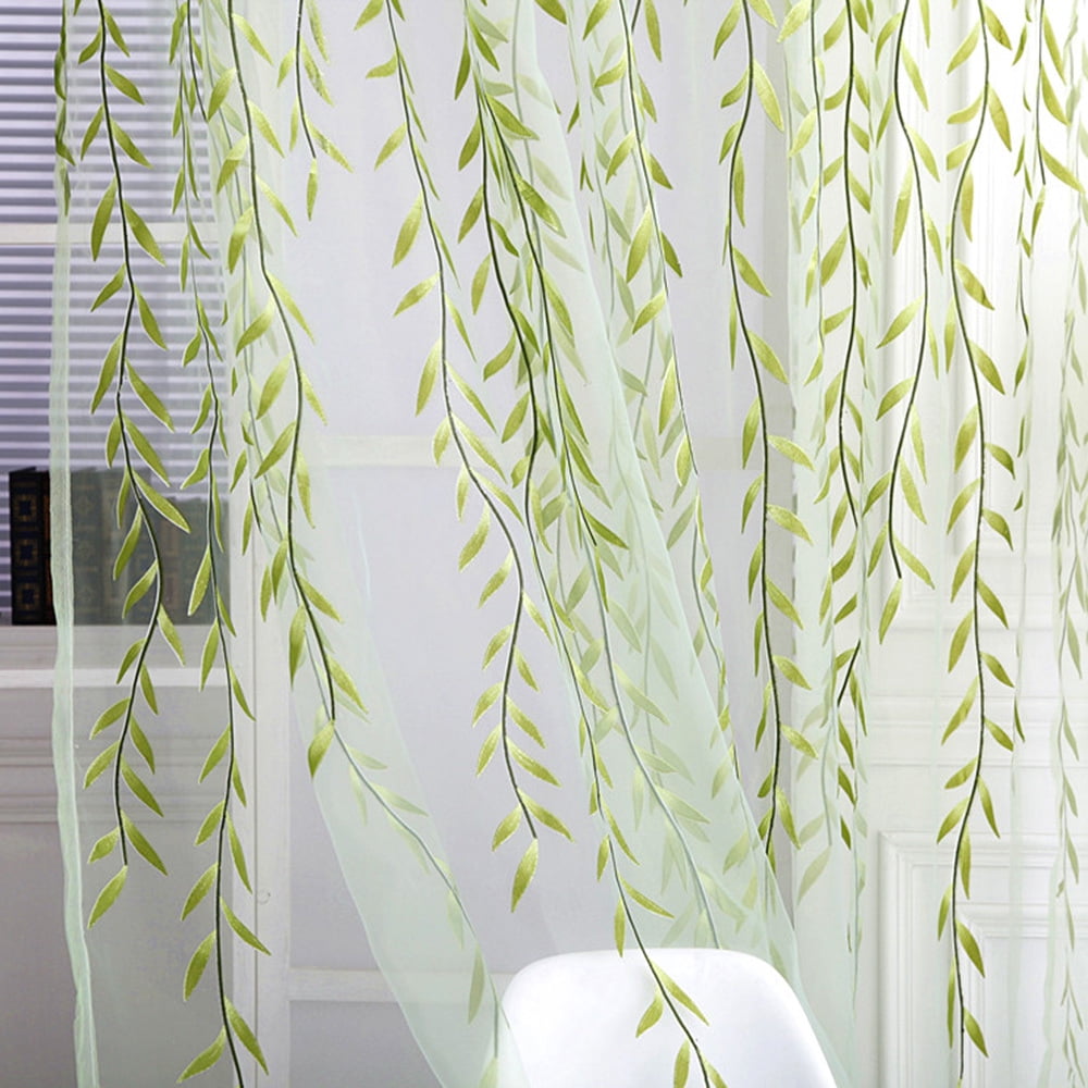 Overfox Voile Window Room Curtain Willow Leaves Print Sheer Voile Panel ...