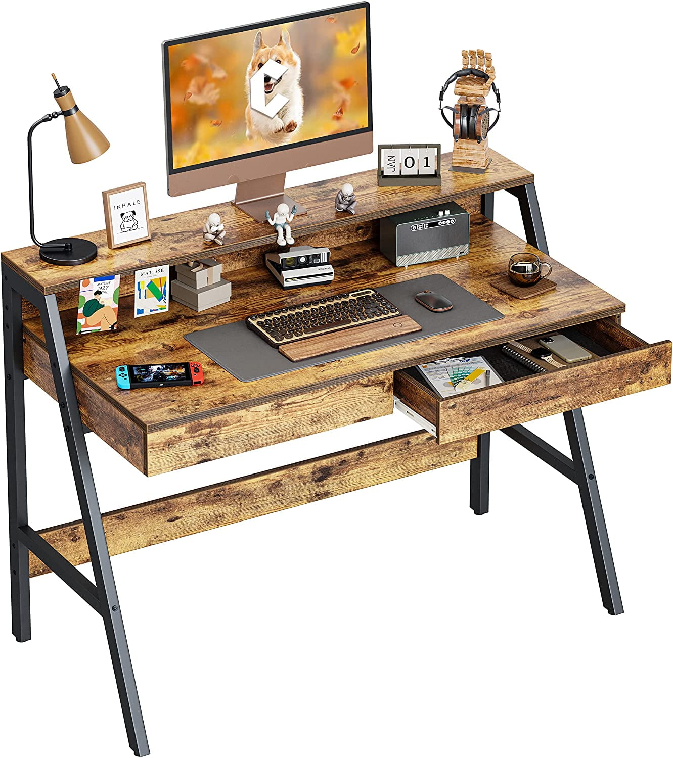 Computer Desk with Drawers and Monitor Stand, 47 Inch Home Office Desk ...