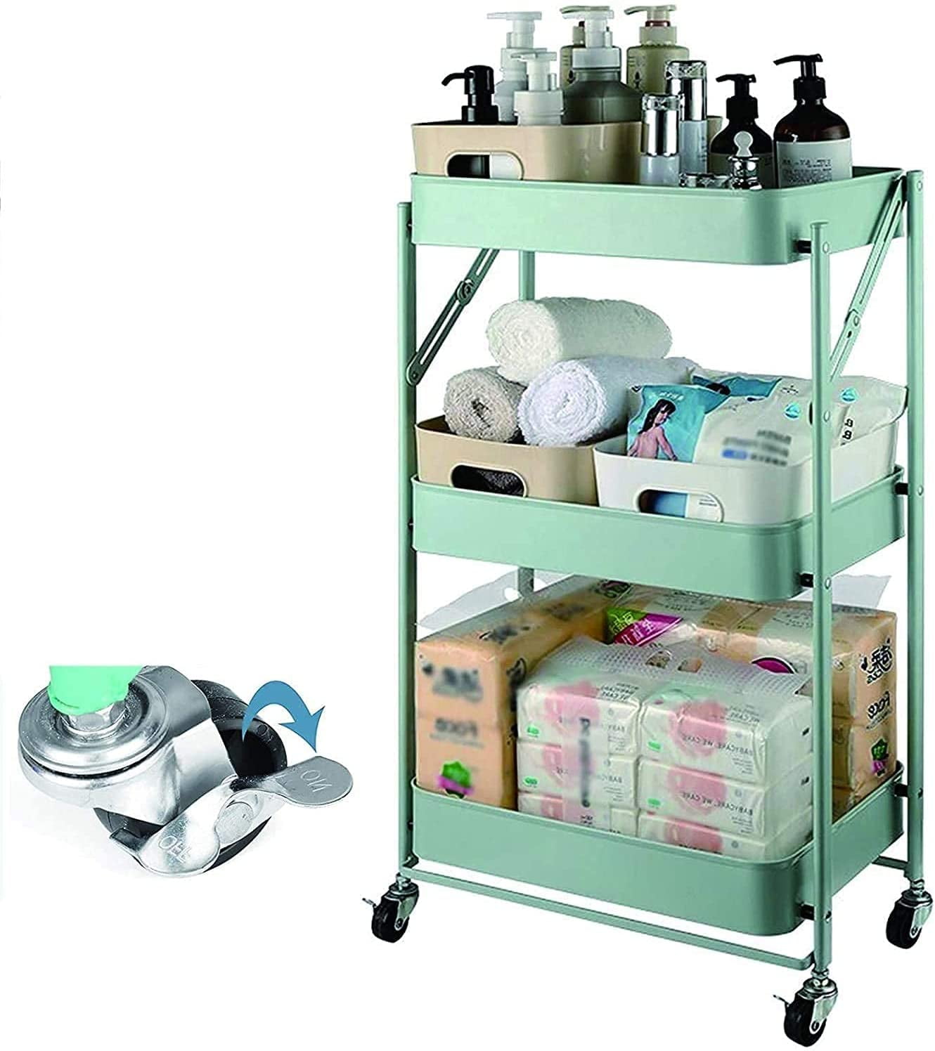 Foldable 3 Tier Storage Trolley Cart with Casters, Mobile Utility ...