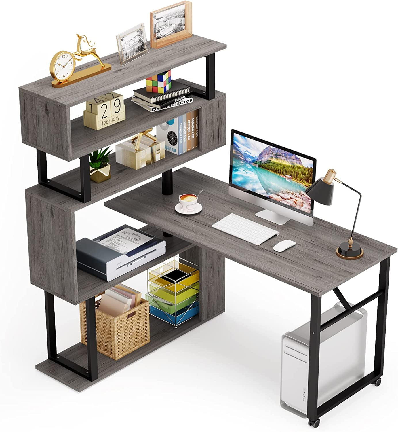 Tribesigns Rotating Computer Desk with 5 Shelves Bookshelf, Modern L ...