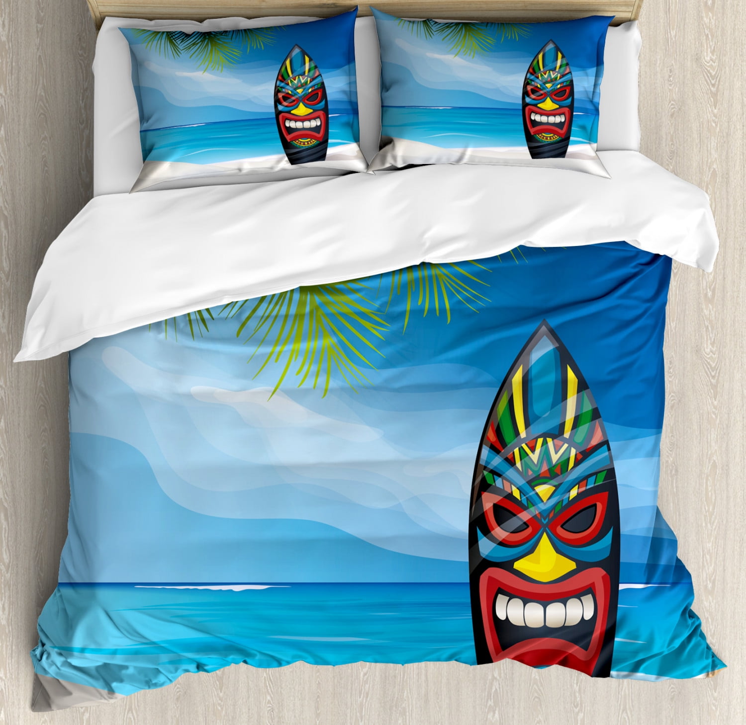 Tiki Bar Duvet Cover Set King Size, Tiki Warrior Mask Design Surfboard ...